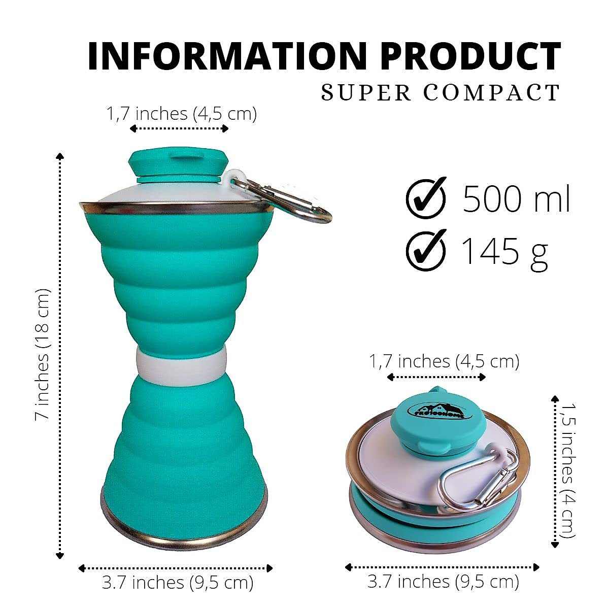 Collapsible water bottles for travel 500 ml, Foldable sports water bottles, small silicone reusable portable water bottle 17 Oz, collapsible water cups for sports hiking running, BPA Free, green