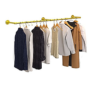 MOUTIK Industrial Pipe Clothes Hanging Rack: Wall Mounted Iron Clothing Storage Hanger Rod - Heavy Duty Multi-Purpose Metal Garment Bar for Closet Laundry Room Gold