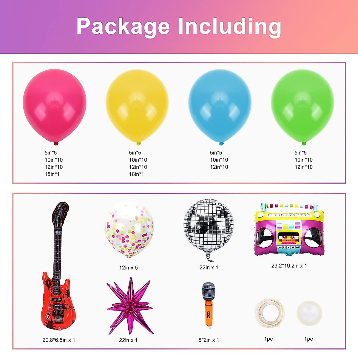 RUBFAC 90s 80s Theme Party Decorations Balloon Arch Kit Inflatable Disco Ball Microphone Rainbow Roller Skate Boom Box Guitar Exploding Star Balloon for Hip Hop Birthday Supplies