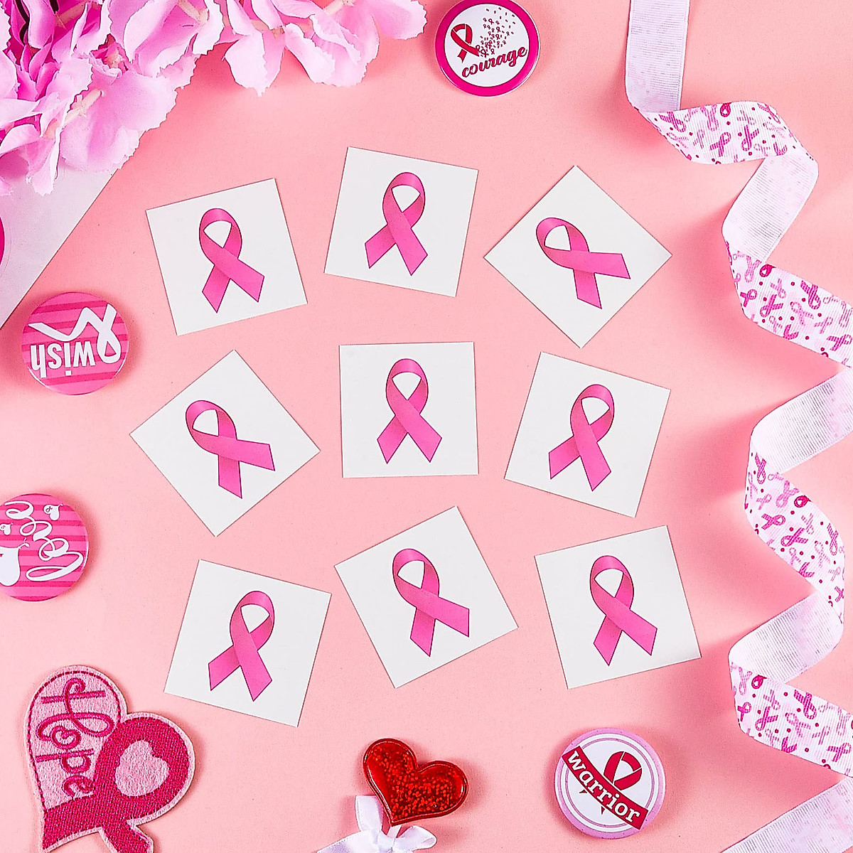 288 Pieces Pink Ribbon Temporary Tattoos Breast Cancer Awareness Tattoo Breast Cancer Stickers Breast Cancer Temporary Tattoos Pink out Tattoos Pink Ribbon Face Decorations for Party