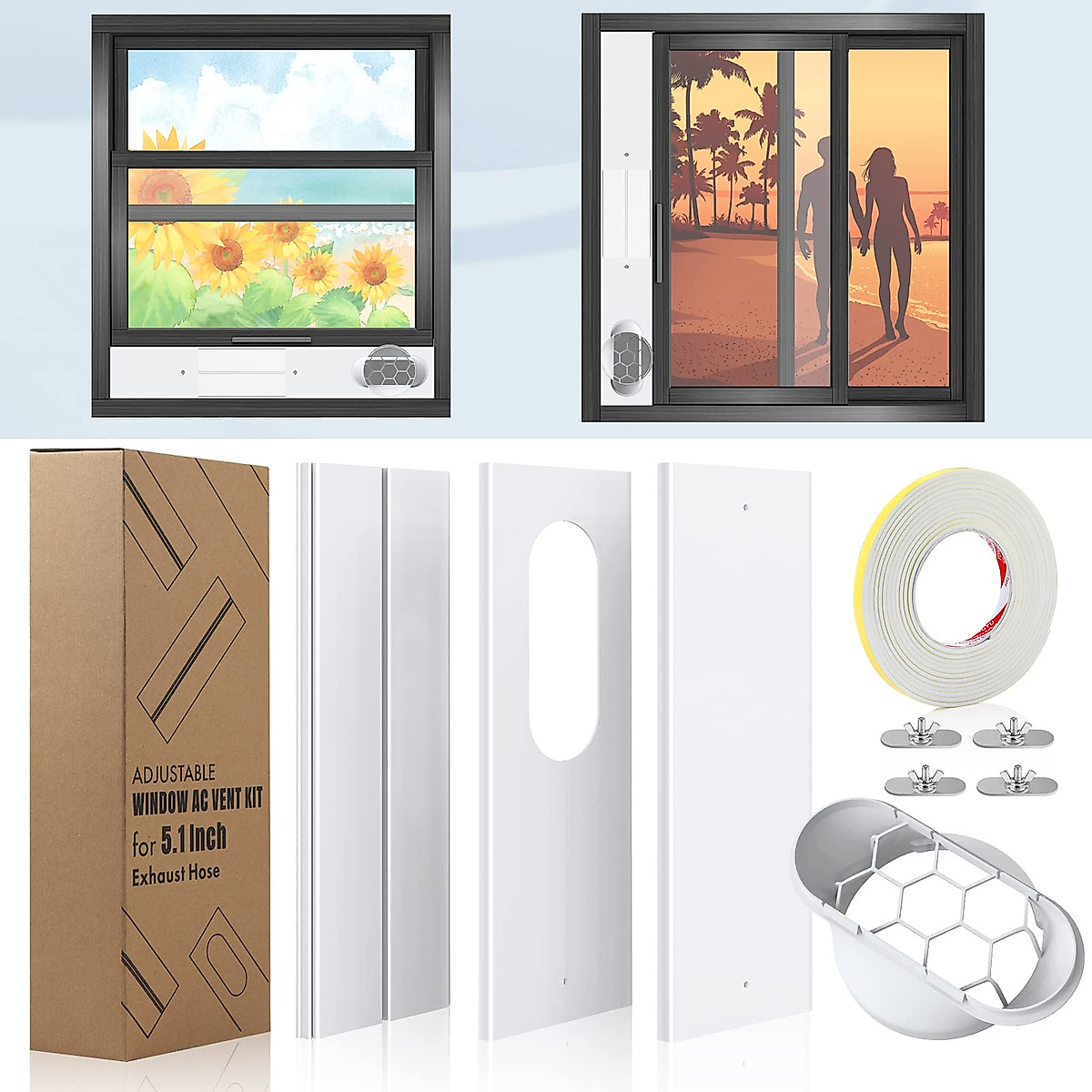 Portable Air Conditioner Window Kit for 5.1" Exhaust Hose, Window Seal Plates with Coupler and Bird Guard for Sliding Window, Adjustable Length From 16.9-47 inches Universal AC Vent Kit for AC Unit