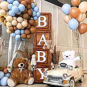 Baby Shower Boxes Party Decorations - 4 Wood Grain Brown Blocks with BABY Letter, Printed Letters,First Birthday Centerpiece Decor, Teddy Bear Baby Shower Supplies, Gender Reveal Backdrop