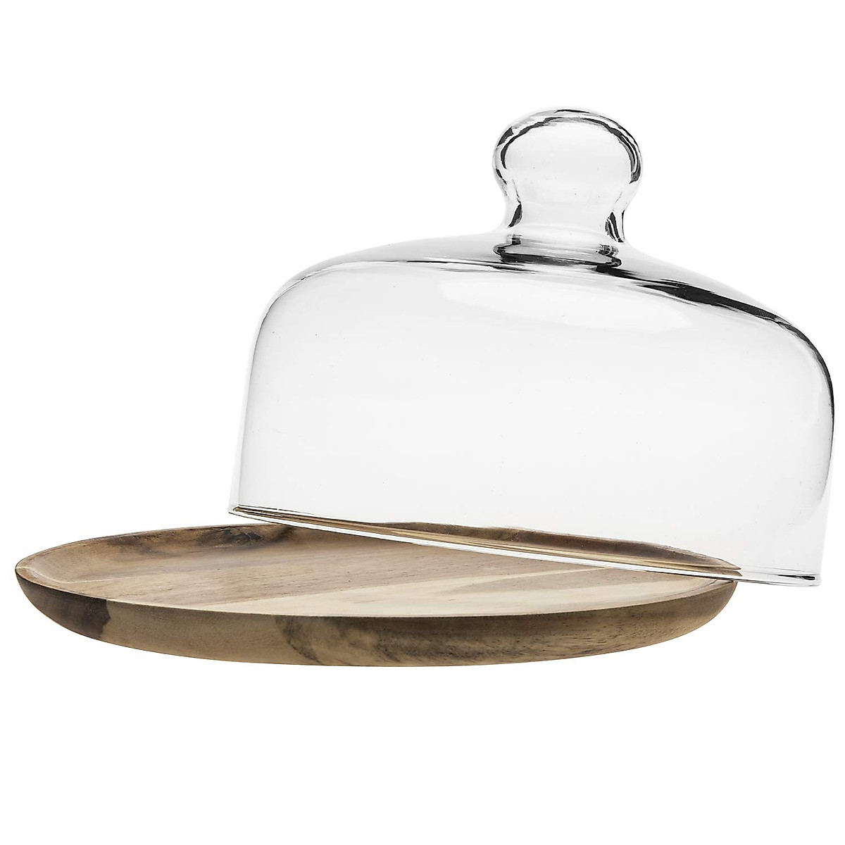 MyGift 7.5 Inch Small Clear Glass Dessert/Cheese Cloche Dome with Acacia Wood Serving Tray