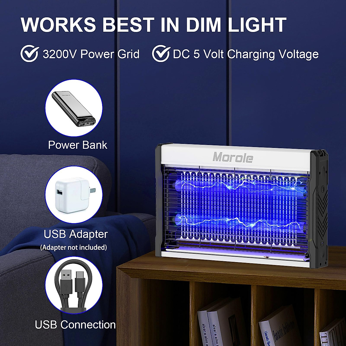 Morole Bug Zapper, 3200V Mosquito Zapper Indoor with Hanging Function, Electric Bug Zapper with Removable Tray, USB Powerful Flying Mosquito Indoor Fly Zapper for Outdoor Kitchen Bedroom Garden