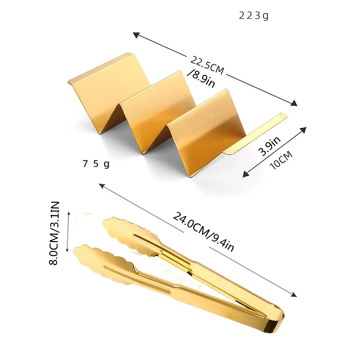 JYJFGSFA 4 Pcs Gold Taco Holders Set with 1 Food Tong, Stainless Steel Taco Stand with Handles for Party, Holds Up to 3 Tacos Each, Dishwasher Oven safe