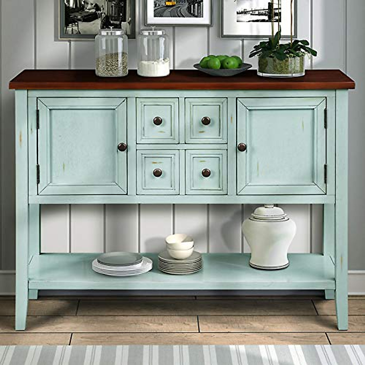 P PURLOVE Console Table Buffet Table with Storage Drawers Cabinets and Bottom Shelf (Antique Blue)