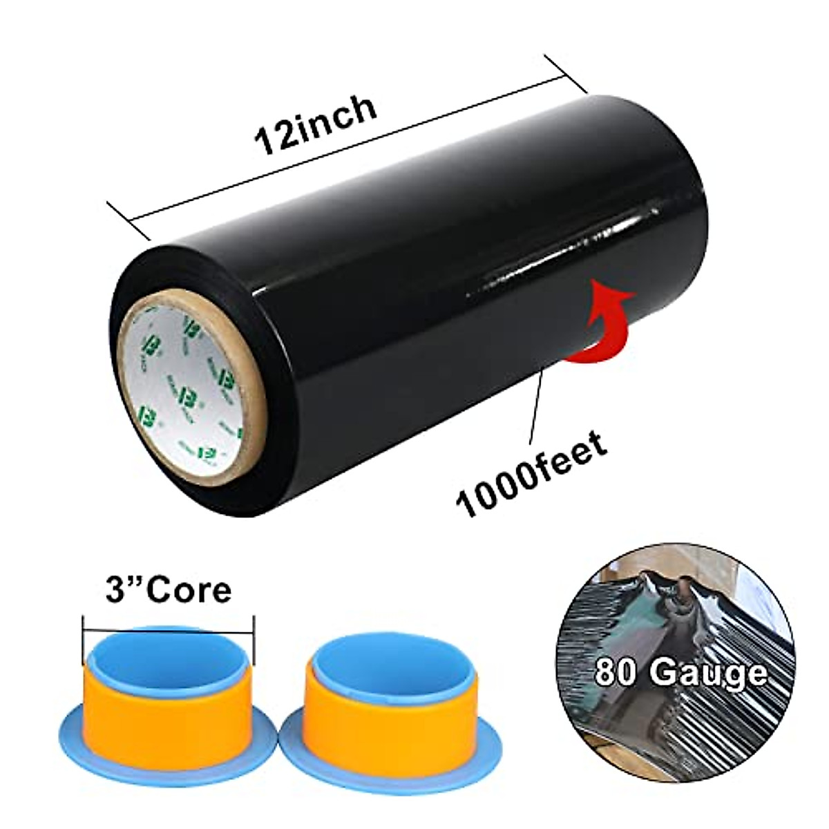 BOMEI PACK Black Stretch Wrap Industrial Strength with Plastic Handle 12" x 1000 Feet 80 Gauge 3-Pack, Black Shrink Wrap, Self-Adhering Black Plastic Wrap for Shipping, Moving