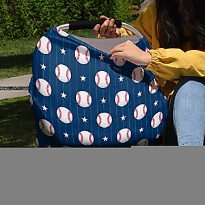 Cartoon Ball Nursing Cover, Breastfeeding Scarf, Soft Breathable Infant Carseat Canopy, Shopping Cart, High Chair, Stroller Covers 26x27.6 inches Baseball with Stars Blue Background