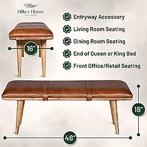 Mid Century Modern Wooden Bench - Leather Bench, Entrance Bench, Foyer for Entryway With Genuine Leather Cushion - Aesthetic Rustic Bedroom, Living Room, Kitchen Window Bench - Brown 48" x 16" x 18"