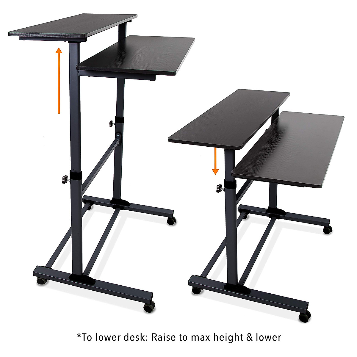 Stand Steady Tranzendesk | Height Adjustable Teacher Desk on Wheels | Mobile Standing Desk with Shelf | Two Level Portable Workstation | Stand Up Desk for Presentations (Black/40x28in)