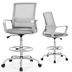 Ergonomic Drafting Chair, Tall Office Chair with Adjustable Foot Ring, Standing Desk Chair with Lumbar Support Counter Height Chair with Wheels, Grey