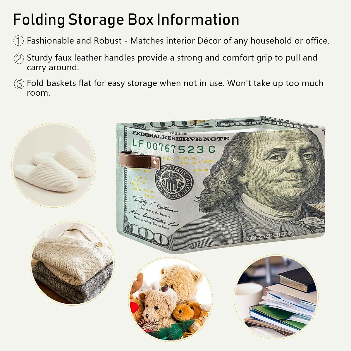 Large Foldable Storage Basket 100 Dollar Bill Printed Storage Bin Canvas Toys Box Fabric Decorative Collapsible Organizer Bag with Handles for Bedroom Home