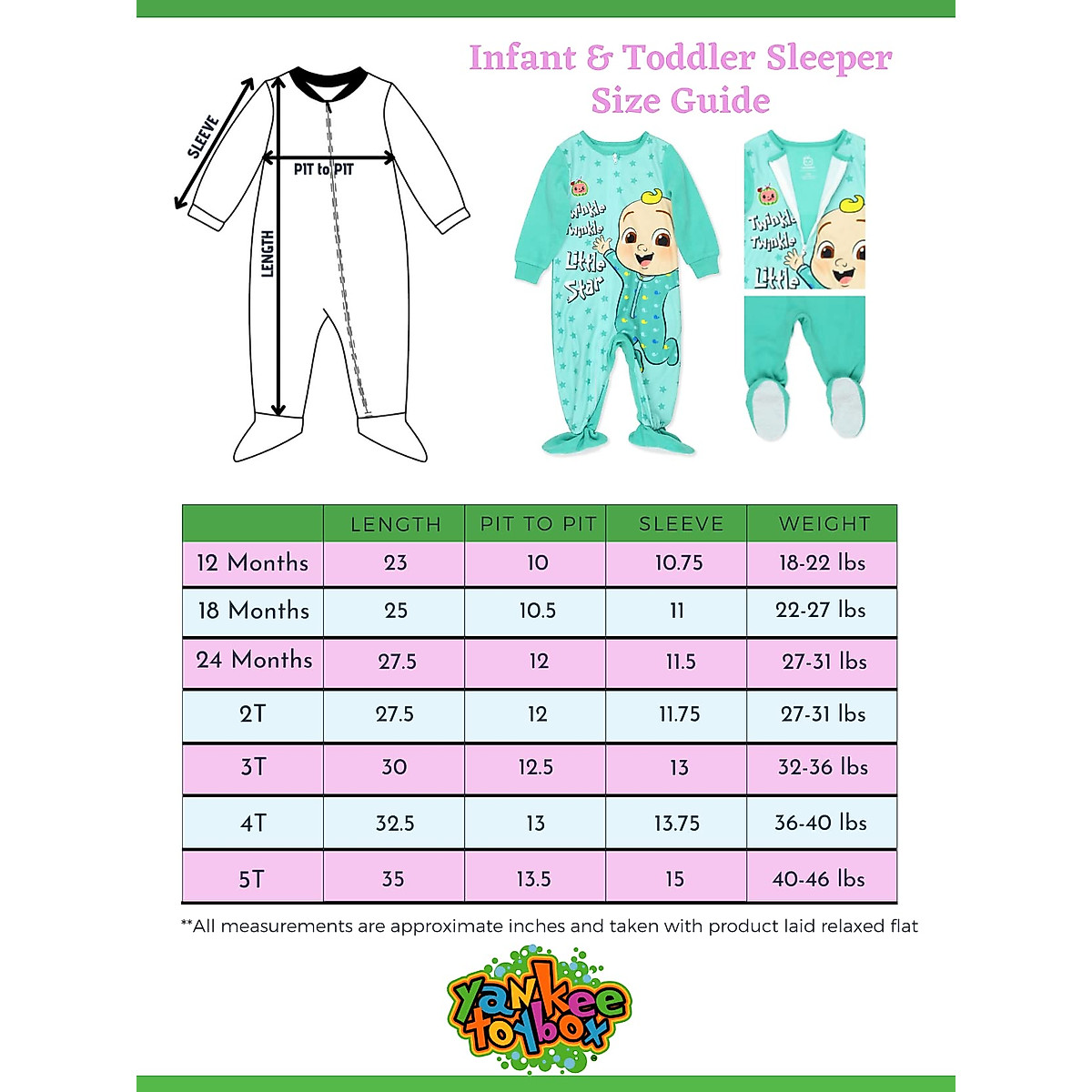 CoComelon JJ Little Star Toddler Infant Footed Blanket Sleeper Pajamas (24M, Teal)