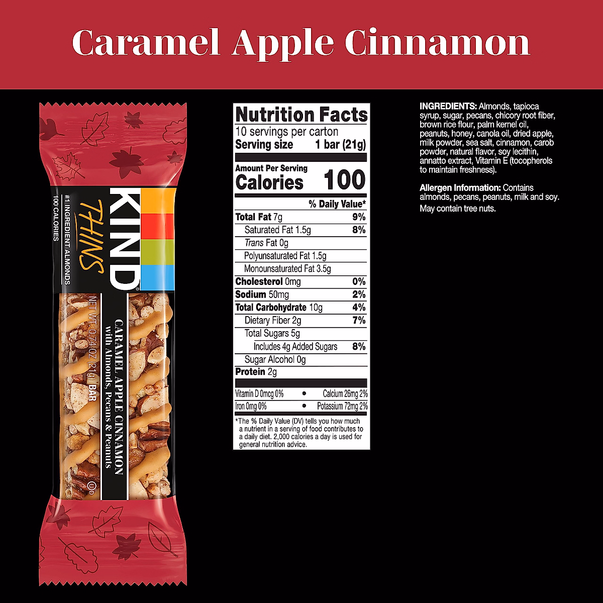 KIND THINS Caramel Apple Cinnamon with Almonds, Pecans, & Peanuts, Gluten Free, 100 Calorie, Healthy Snacks, 10 Bars (Pack of 1)