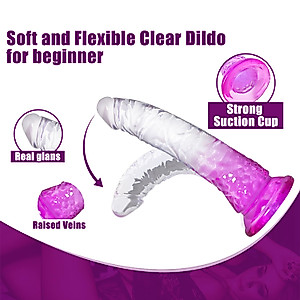 Realistic Clear Silicone Purple Dildo - Bed Secret G Spot Adult Sex Toy for Women Pleasure, 7.9 Inch Soft Small Jelly Dildo with Suction for Beginners & Men Anal Plug Sensory Toys