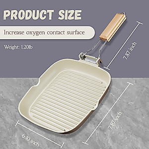 Nonstick Grill Pan for Stove Tops, 8 Inch Square Griddle Pan with Folding Handle and Pour Spouts, Healthy Ceramic Coating Flat Grill Skillet Steak Pan for Indoor Cooking, PFOA Free (8 Inch), Medium