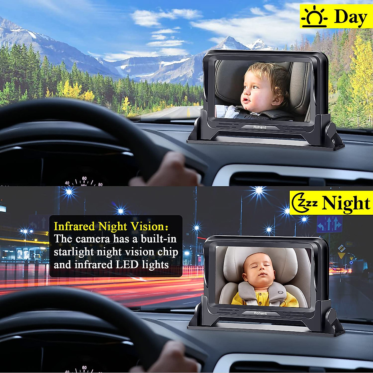 Rohent Baby Car Camera Carseat: Crystal Night Vision HD 1080P Car Seat Camera Backseat Rear Facing Infant Car Baby Monitor with Camera 3 Mins Easy Installation N06