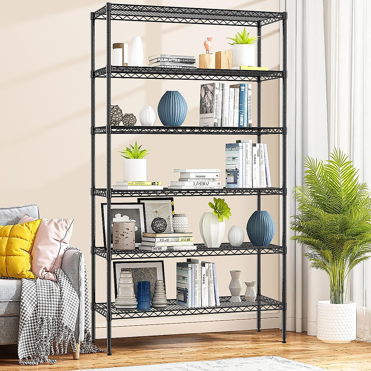 Lynkloft 6-Tier Wire Shelf 72" x 16" x 42" Metal Storage Shelves - Each Shelf Can Hold 250 Pounds - Adjustable Storage Racks NSF Wire Shelving Units for Basement Garage Kitchen, Black