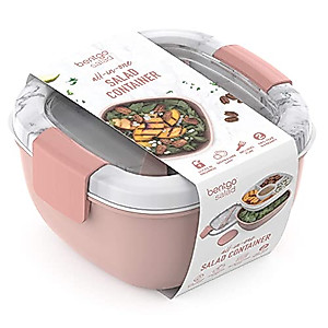 Bentgo® Salad - Stackable Lunch Container with Large 54-oz Salad Bowl, 4-Compartment Bento-Style Tray for Toppings, 3-oz Sauce Container for Dressings, Built-In Reusable Fork & BPA-Free (Blush Marble)