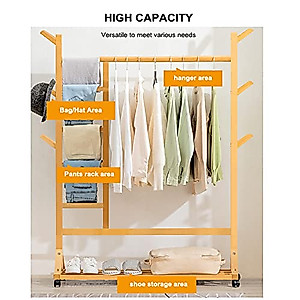 YXDFG 3-in-1 Clothes Hanging Rack, Rolling Closet Organizer Shoe Rack, Bamboo Clothes Drying Rack,with Bottom Shelves and 6 Side Hooks, for Hanging Clothes in Laundry, Bedroom, Bathroom Etc,Wood