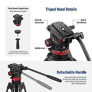 NEEWER 74" Pro Video Tripod with Fluid Head, All Metal Heavy Duty QR Plate Compatible with DJI RS Gimbals Manfrotto, Flexible 360° Pan&+90°/-75° Tilt with Adjustable Damping Max Load 18lb/8kg, TP75