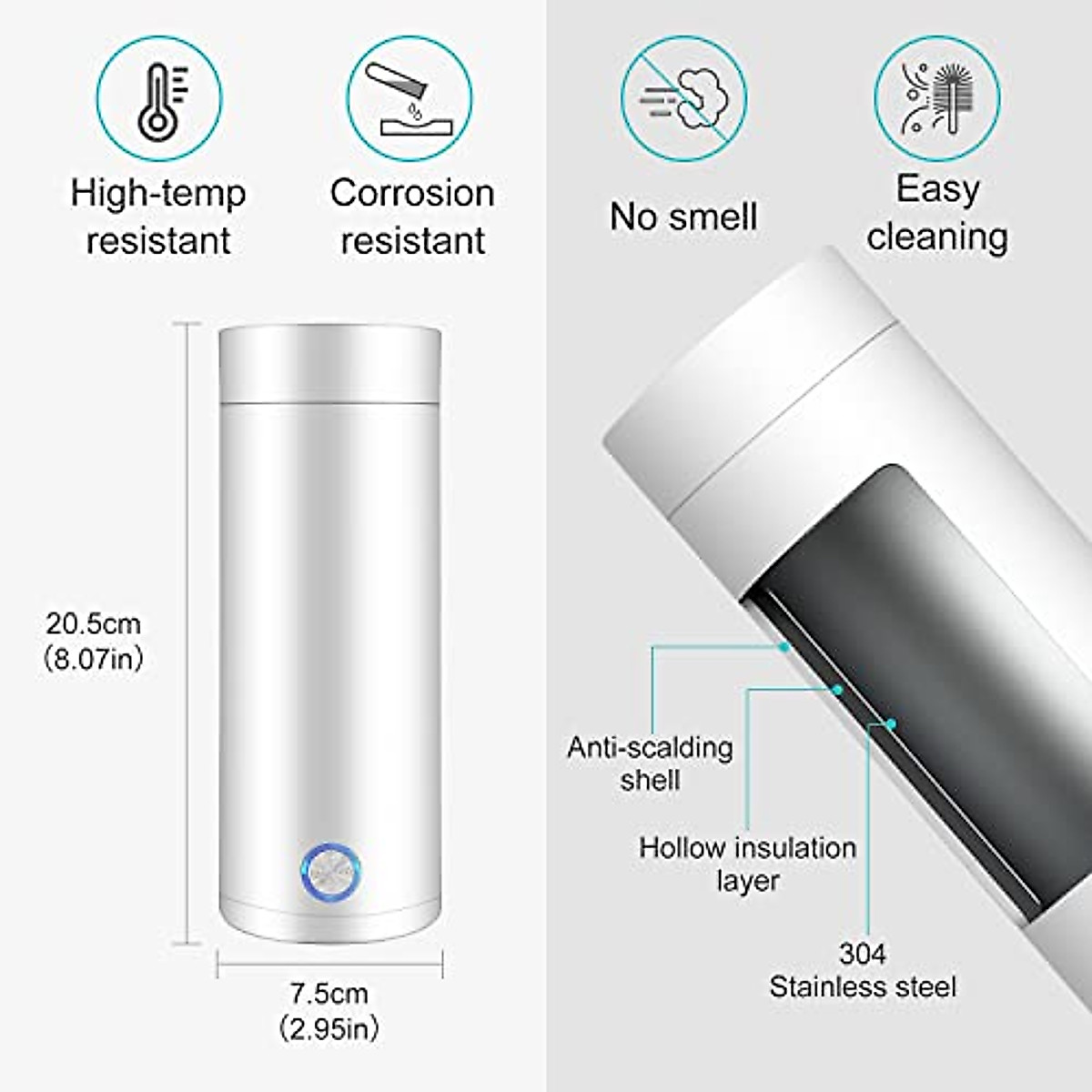Portable Electric Kettle, 350ml Travel Kettle 304 Stainless Steel Mini Electric Kettle with Auto Shut off & Fast Boil 3-in-1 Portable Tea Kettle JAYWAYNE Travel Water Boiler/Heater/Warmer,White