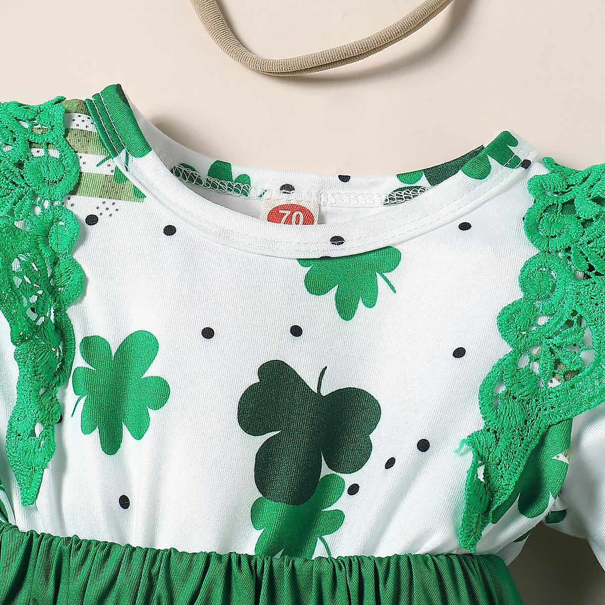 Noubeau Infant Baby Girl St. Patrick's Day Dress Ruffle Long Sleeve Romper Top Lucky Clover Print Skirt Outfits+Headband（Green- Dress,6-9 Months）
