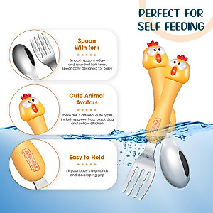 6 Pieces Toddler Utensils Baby Spoon Fork Set Toddler Flatware Set with Travel Case Baby Feeding Training Spoons Forks with Cute Cartoon Handle Stainless Steel Baby Angled Spoons for Age Over 6