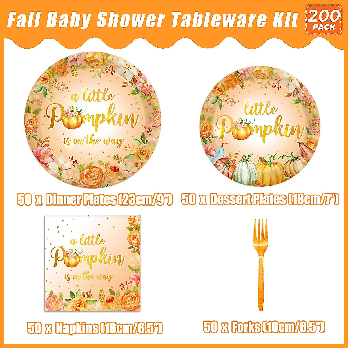 Kepeel 200Pcs Fall Little Pumpkin Baby Shower Plates and Napkins Set, Autumn A Little Pumpkin is on The Way Party Supplies Decorations Thanksgiving Baby Shower Birthday Party Tableware Kit, Serves 50