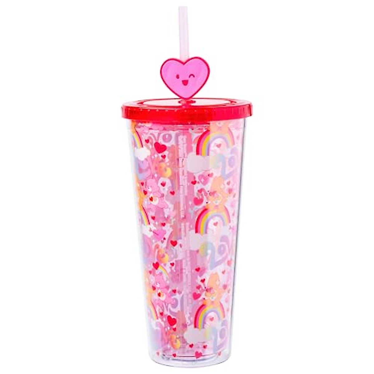 Silver Buffalo Care Bears Love Rainbow Hearts Featuring Friend Bear and Love-A-Lot Bear Plastic Cold Cup with Lid and Topper Straw, 24 Ounces