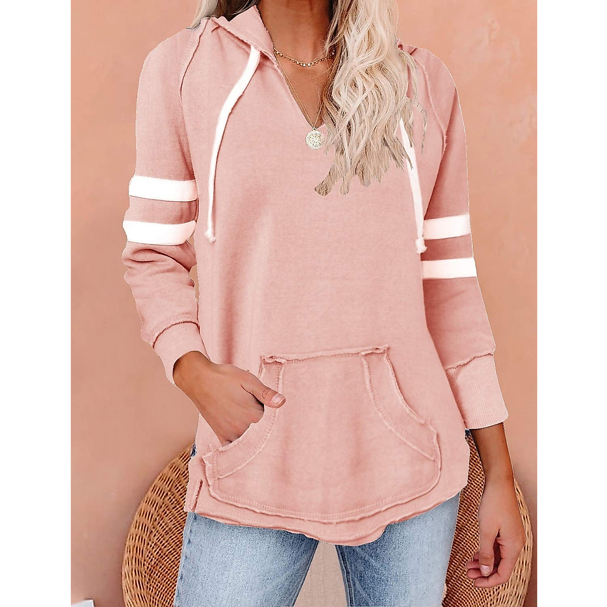 Womens V Neck Hoodies with Pockets Long Sleeve Striped Pullover Tops Sweatshirt Pink