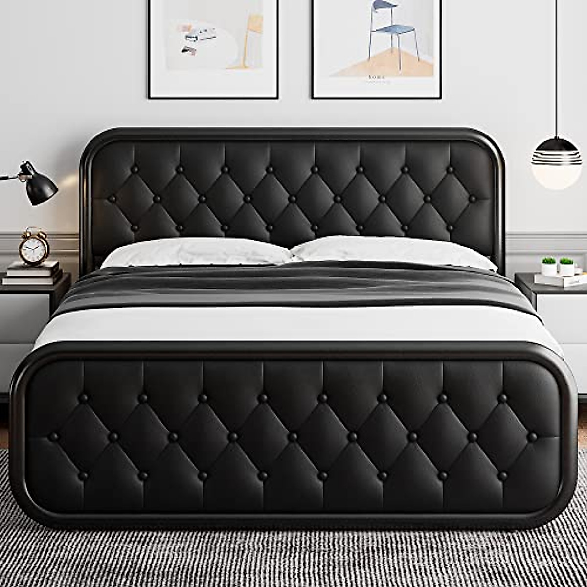 iPormis Queen Size Metal Bed Frame with Leather Headboard, Heavy-Duty Platform Bed Frame, Thicker Metal Steel Slats Support, 12'' Under-Bed Space, Noise-Free, Easy Assembly, Black