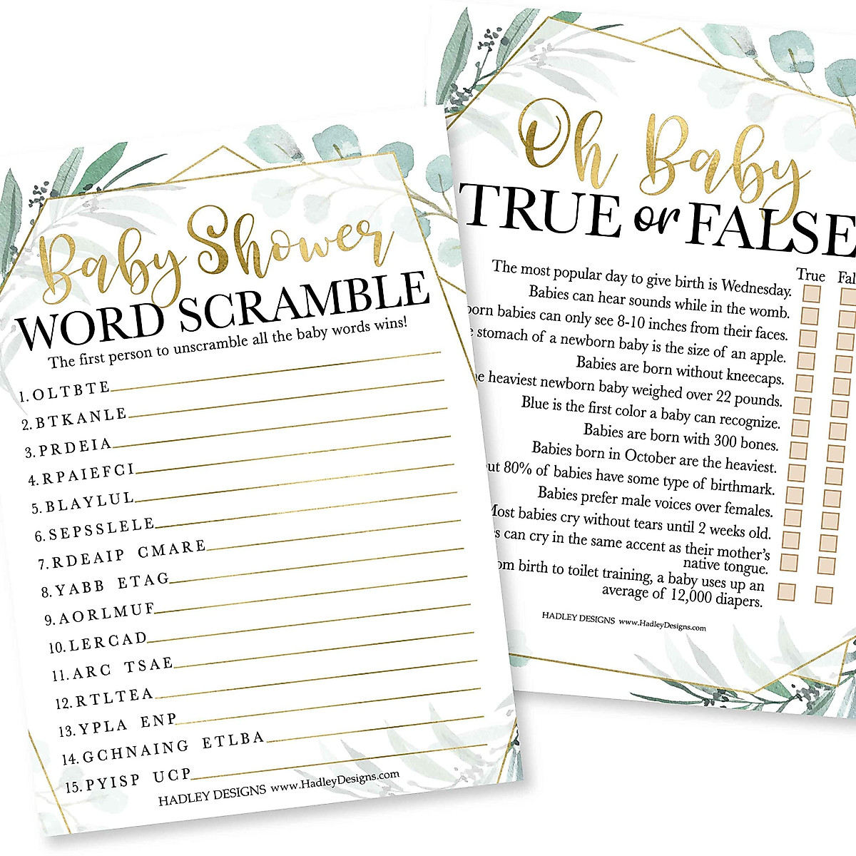 25 Greenery Word Scramble For Baby Shower, 25 True Or False Game, 25 Baby Animal Matching, 25 Nursery Rhyme Game - 4 Double Sided Cards Baby Shower Ideas, Baby Shower Party Supplies