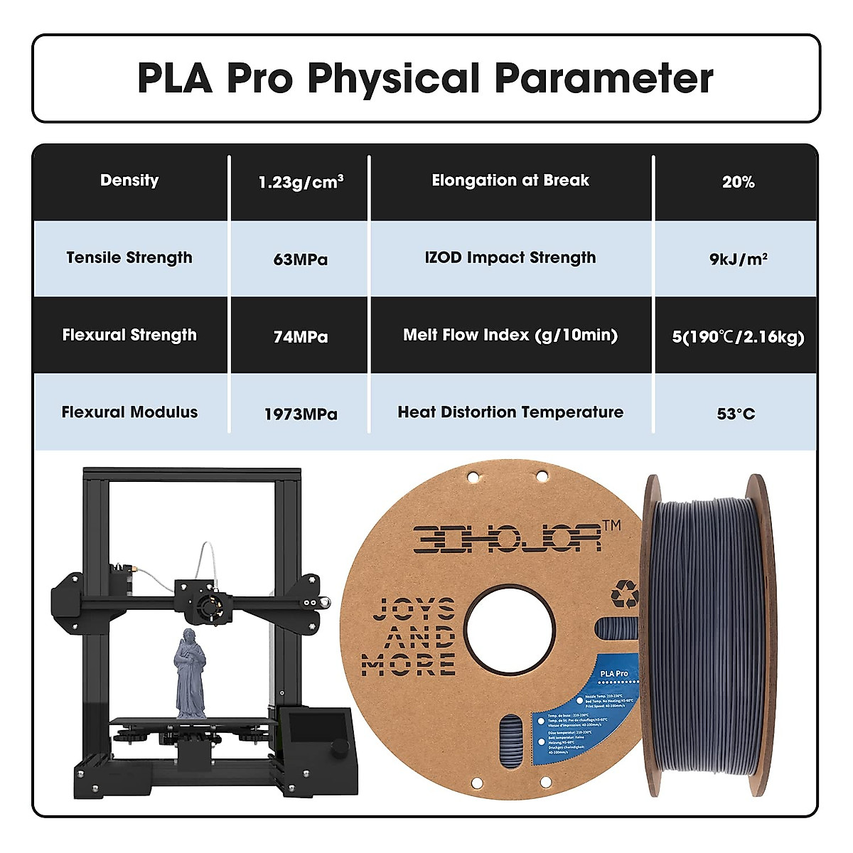 PLA Pro (PLA+) Filament 1.75mm, 3D Printer Filament PLA Plus, Cardboard Spool 3D Printing Filament PLA +, Dimensional Accuracy +/- 0.03 mm, Grey, 1kg