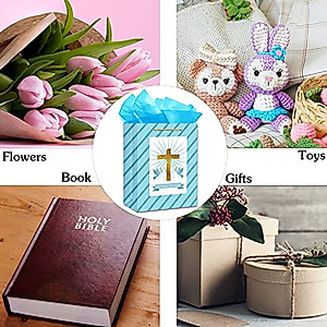 FLYAB First Holy Communion Gift Bag for Girls Boys 11.5" Easter Religious Cross Christian Gift Bag with Tissue Paper Baptism Gift Bag with Handle Christenings Confirmations Gifts for Baby Boys Girls