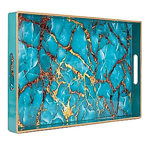 MAONAME Blue Decorative Tray, Plastic Serving Tray with Handles, Coffee Table Tray with Tempered Glass Film, Rectangle Ottoman Tray for Living Room, Bathroom, 15.7” x 10.2”