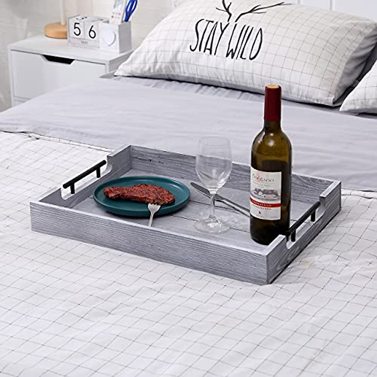 LONGNENG Wood Serving Tray Rectangle Gray Tray with Handles,Decorative Trays,Rustic Ottoman Tray for Living Room with Two Iron Handles