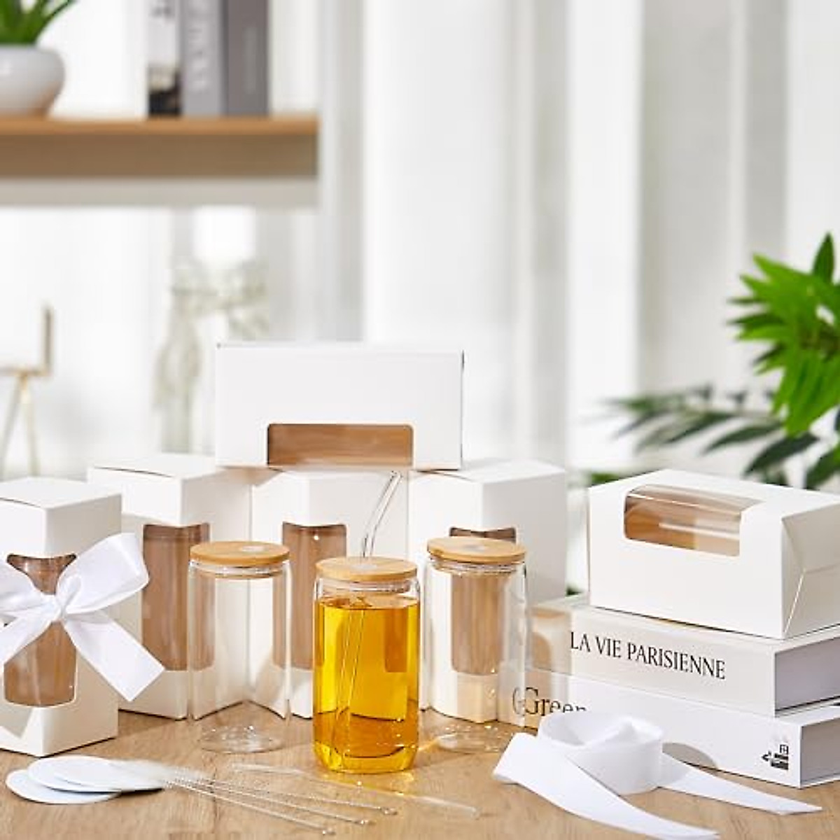 Tioncy 12 Pieces 12 oz Sublimation Glass Blanks Frosted Sublimation Cups with Bamboo Lids and Straws Clear Beer Can Jars with 12 Gift Boxes for Gifts Coffee Juices DIY