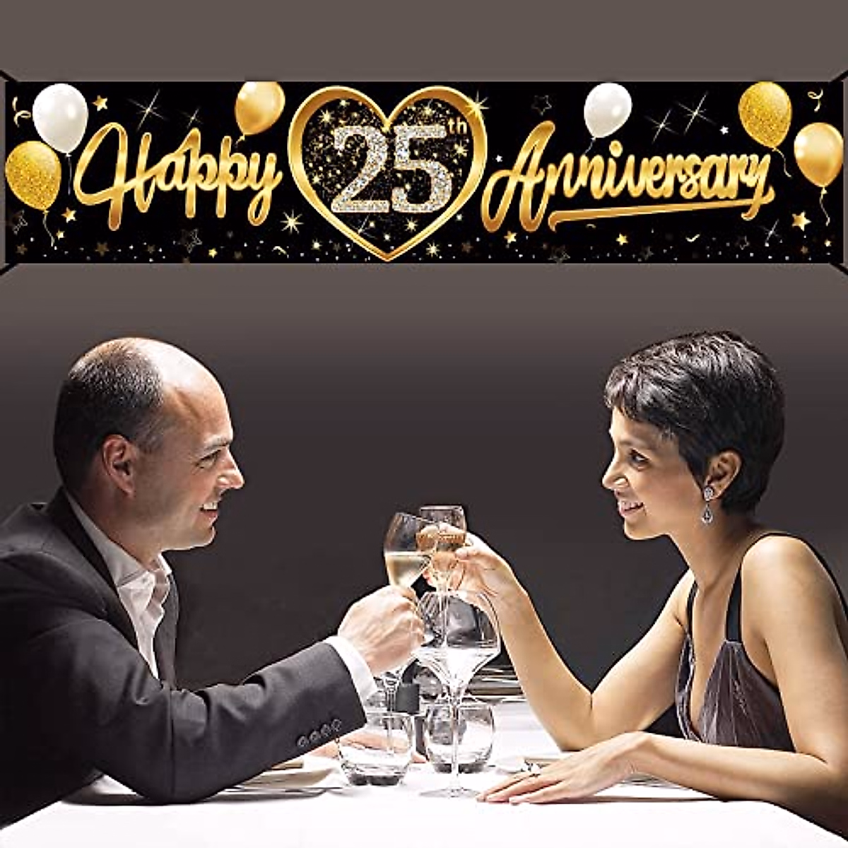 Kauayurk Happy 25th Wedding Anniversary Banner Decorations, Black Gold 25th Anniversary Sign Party Supplies, 25th Wedding Anniversary Decor Photo Booth for Outdoor Indoor