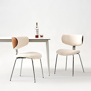 GrandNoor Modern Boucle Dining Chairs Set of 2,Faux Leather Kitchen & Dining Room Chairs,Curved Backrest Upholstered Dining Chairs with Metal Legs, White