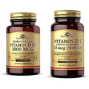 Solgar Vitamin B12 1000 mcg, 250 Nuggets - Supports Production of Energy, Red Blood Cells - Healthy with Vitamin D3 (Cholecalciferol) 125 mcg (5,000 IU) Vegetable Capsules - 240 Count