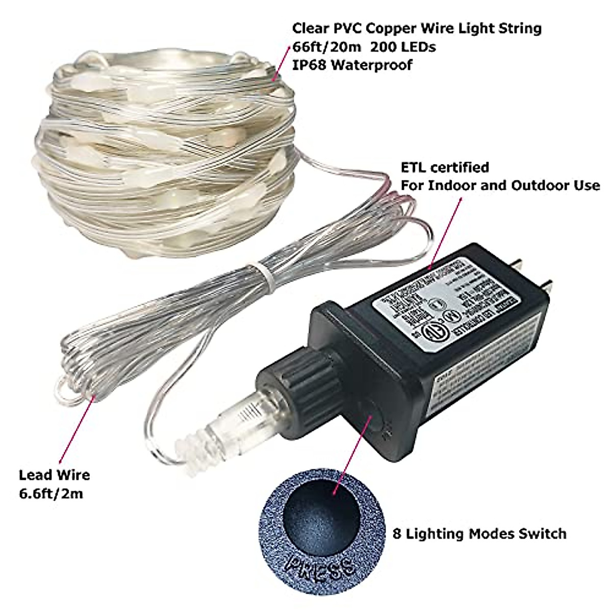 RUICHEN Fairy Lights Plug in, Waterproof 8 Modes 72 Ft 200 LED PVC Coating Silver Wire Twinkle String Lights for Bedroom Patio Garden Fence Christmas Wedding Party (Warm White)