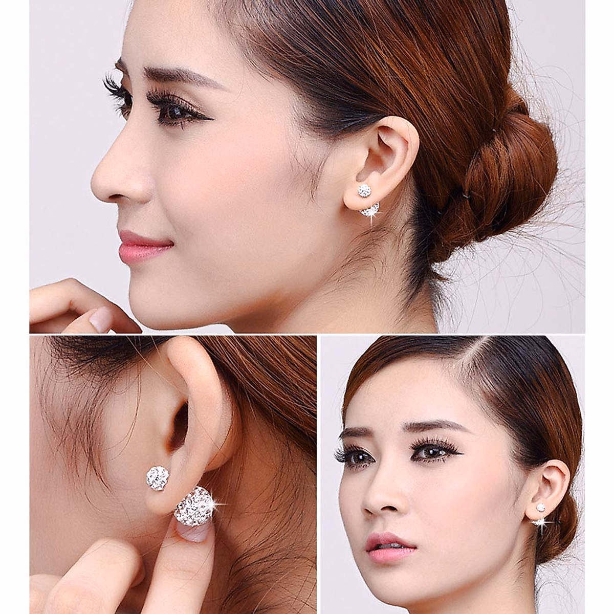 DIB 925 Sterling Silver Sparkle Bling Crystal Rhinestone Earrings Double Sided Front Back Ball Stud Earrings for Women 10mm