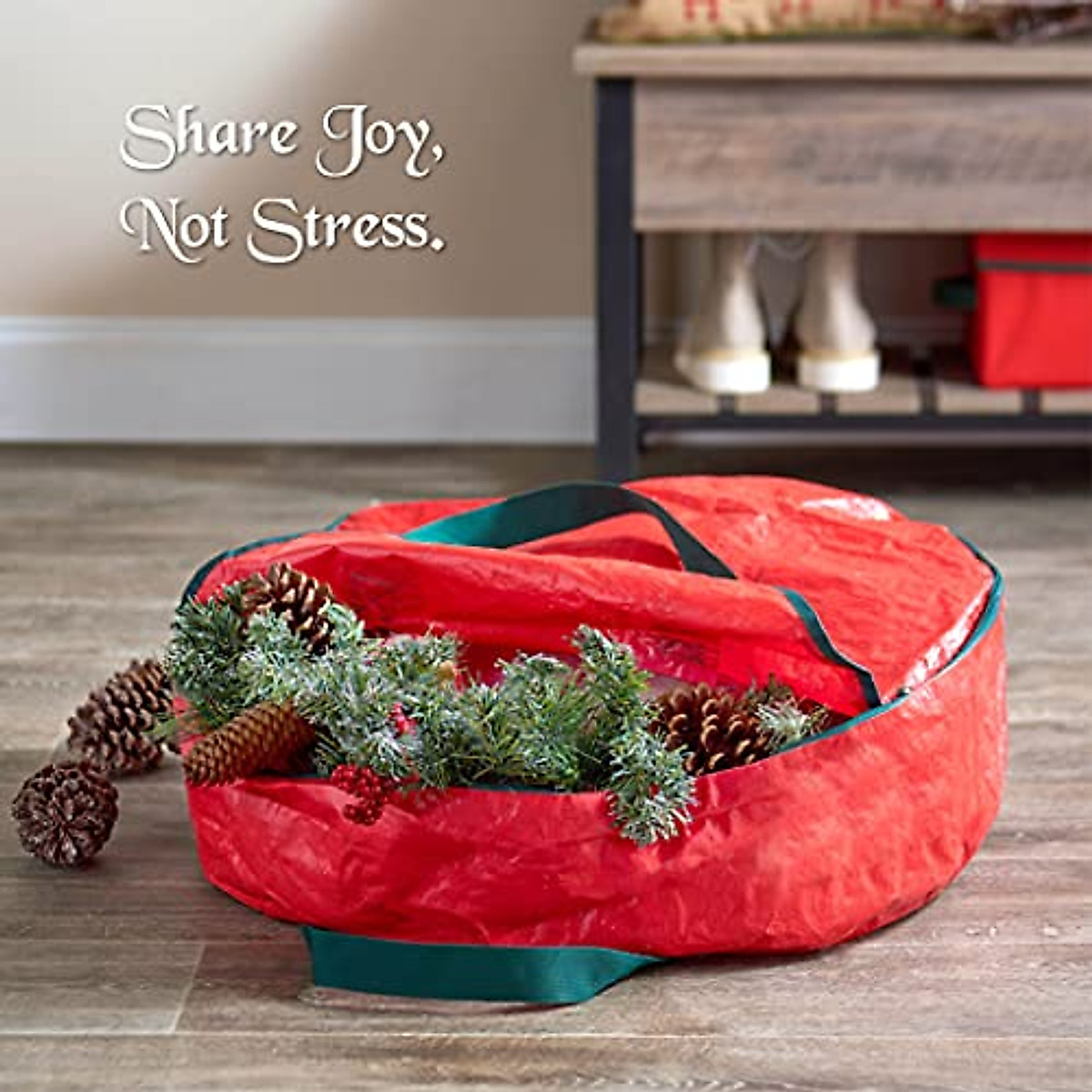 ZOBER Christmas Wreath Storage Bag - Water Resistant Fabric Storage Dual Zippered Bag for Holiday Artificial Christmas Wreaths, 2 Stitch-Reinforced Canvas Handles (Set of 2,24 Inch, Red)