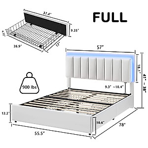 Catrimown Full Size Bed Frame with LED Lights and 4 Storage Drawers, Upholstered Platform Bed with Faux Leather Headboard, Strong Wooden Slats Support, No Box Spring Needed, Easy Assembly, White