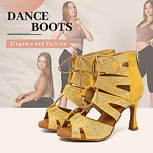 RUYBOZRY Women's Ballroom Latin Salsa Dance Shoes Lace-Up Open-Toe Dance Boots Dance Heels Booties,YCL570-Yellow-6,US 9