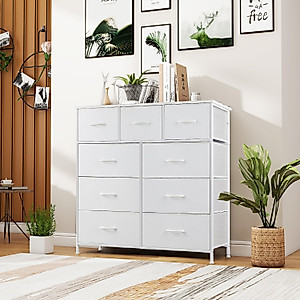 Dresser for Bedroom, 9 Storage Drawers, Anti-Tip Tall Fabric Closet Chests Organizer Tower Furniture with Wooden Top Metal Frame for Clothes, Kids Room, Living Room, Hallway, Entryway (White)