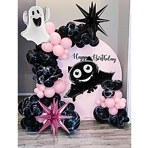 Pink Halloween Balloon Garland Arch Kit,130pcs Halloween Pink Black Silver Balloons With Starburst,Ghost,Bat Foil Balloons for Girl,Birthday,Baby Shower,Spooky One,Halloween Party Decorations
