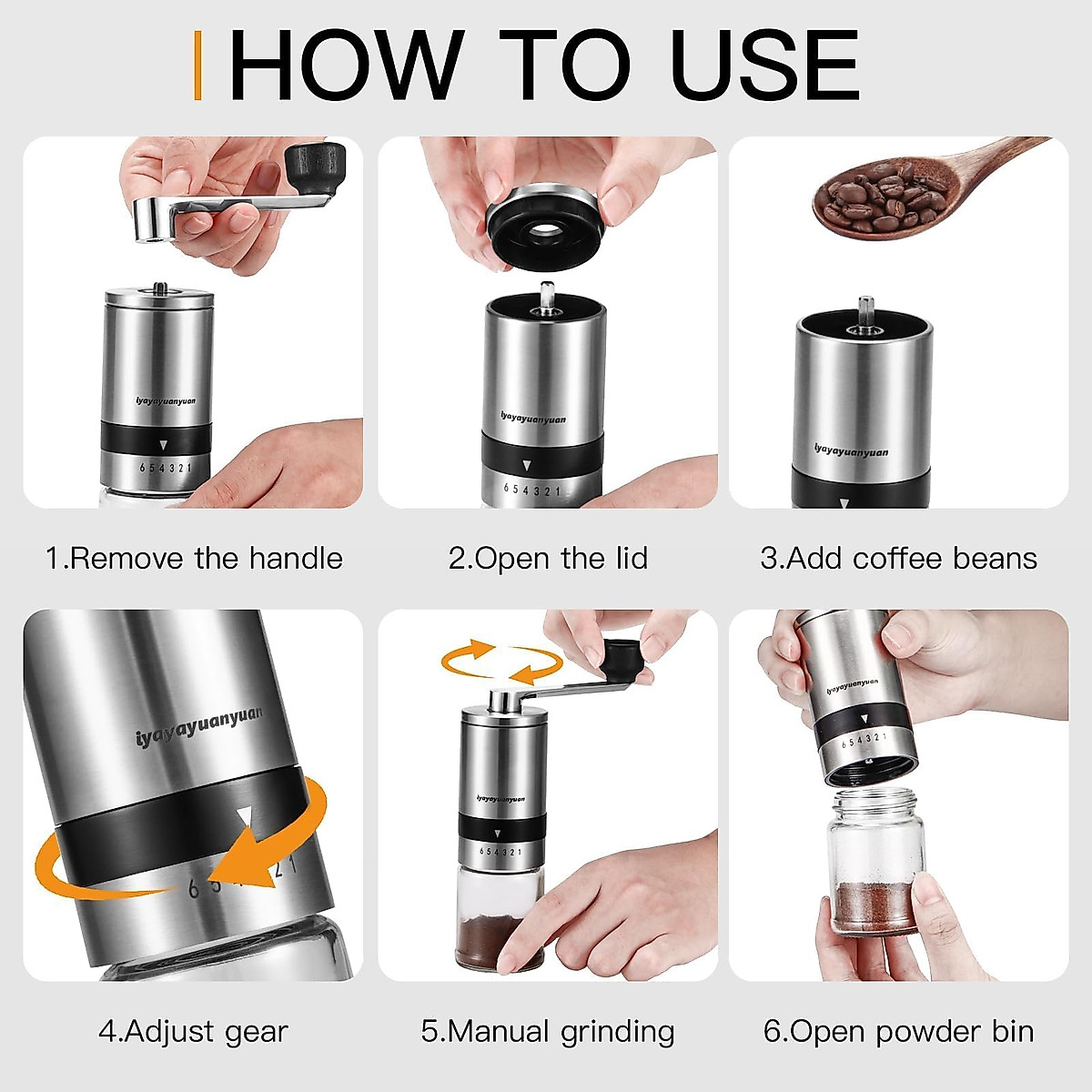 Manual Coffee Bean Grinder | Ceramic Burr with 6 Adjustable Settings | Portable Hand Coffee Mill for Espresso, French Press, Cold Brew & Drip Coffee | Easy to Use & Clean at Home, Travel, Camping