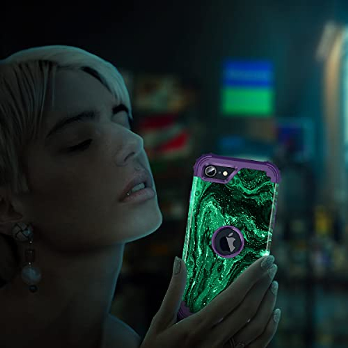 Miqala for iPhone SE 2022/2020 Case,Shiny in The Dark Three Layer Heavy Duty Shockproof Hard Plastic Bumper +Soft Silicone Rubber Protective Case for iPhone SE(3rd Gen/2nd Gen) 4.7 inch,Deep Purple